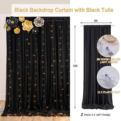 10ft x 10ft Dual Layer Black Tulle Backdrop Curtain Panels with Light, 2 Panels 5 x 10 ft Photo Background Drapes for Wedding Baby Shower Party Engagement Bridal Shower Photography