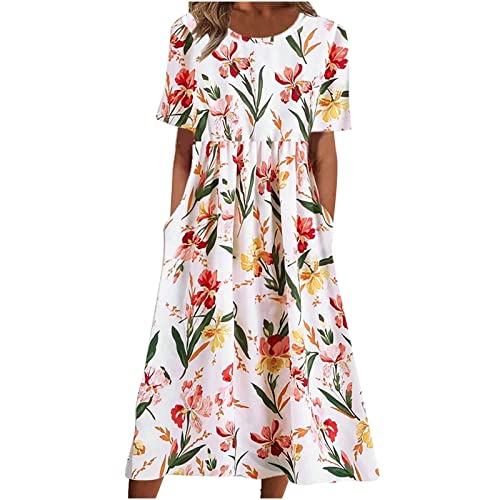 SMIDOW Dresses for Women 2023 Casual Maxi Long Beach Tshirt Sundress Short Sleeve Summer Boho Floral Flowy Dress with Pockets