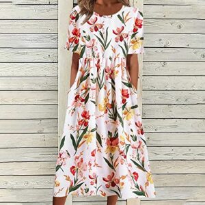 SMIDOW Dresses for Women 2023 Casual Maxi Long Beach Tshirt Sundress Short Sleeve Summer Boho Floral Flowy Dress with Pockets