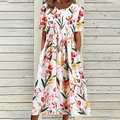 SMIDOW Dresses for Women 2023 Casual Maxi Long Beach Tshirt Sundress Short Sleeve Summer Boho Floral Flowy Dress with Pockets