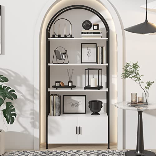 Jehiatek Arched Bookshelf, Bookcase with Doors Storage, 71 Inches Tall Industrial Book Shelf with Sturdy Metal Frame, E1 Quality Boards, Freestanding Display Shelving Unit, Black and White