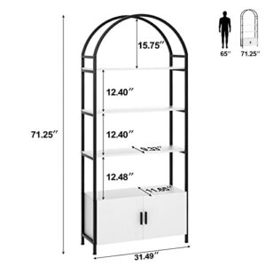 Jehiatek Arched Bookshelf, Bookcase with Doors Storage, 71 Inches Tall Industrial Book Shelf with Sturdy Metal Frame, E1 Quality Boards, Freestanding Display Shelving Unit, Black and White