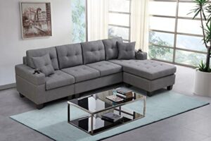 biadnbz reversible sectional sofa with chaise lounge and cupholders, l-shape 4-seat couch furniture for living room apartment, w/2 pillows, gray