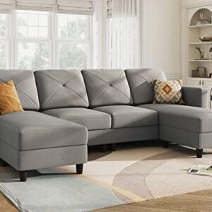 HONBAY U Shaped Sectional Sofa Convertible Couch with Double Chaises 4 Seat Sofa with Ottomans for Living Room, Light Grey