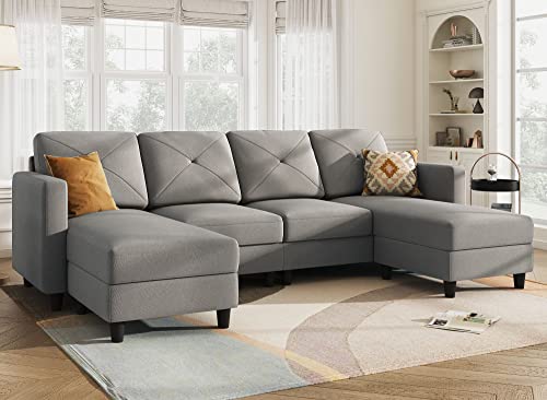 HONBAY U Shaped Sectional Sofa Convertible Couch with Double Chaises 4 Seat Sofa with Ottomans for Living Room, Light Grey