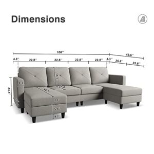 HONBAY U Shaped Sectional Sofa Convertible Couch with Double Chaises 4 Seat Sofa with Ottomans for Living Room, Light Grey