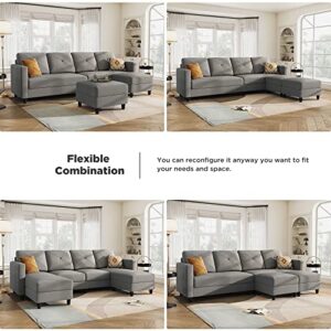 HONBAY U Shaped Sectional Sofa Convertible Couch with Double Chaises 4 Seat Sofa with Ottomans for Living Room, Light Grey