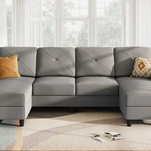 HONBAY U Shaped Sectional Sofa Convertible Couch with Double Chaises 4 Seat Sofa with Ottomans for Living Room, Light Grey