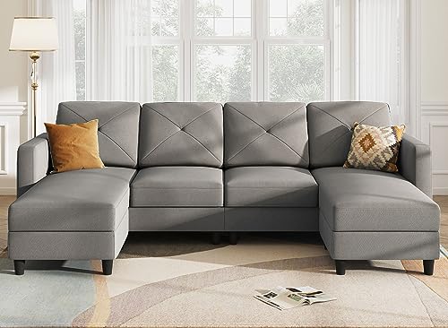 HONBAY U Shaped Sectional Sofa Convertible Couch with Double Chaises 4 Seat Sofa with Ottomans for Living Room, Light Grey