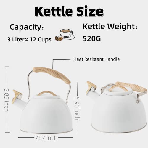 Tea Kettle, 3.2 Quart Whistling Tea Pot for Stovetop,Tea Kettles Stove Top with Cool Grip Ergonomic Handle, Stainless Steel Teapot White