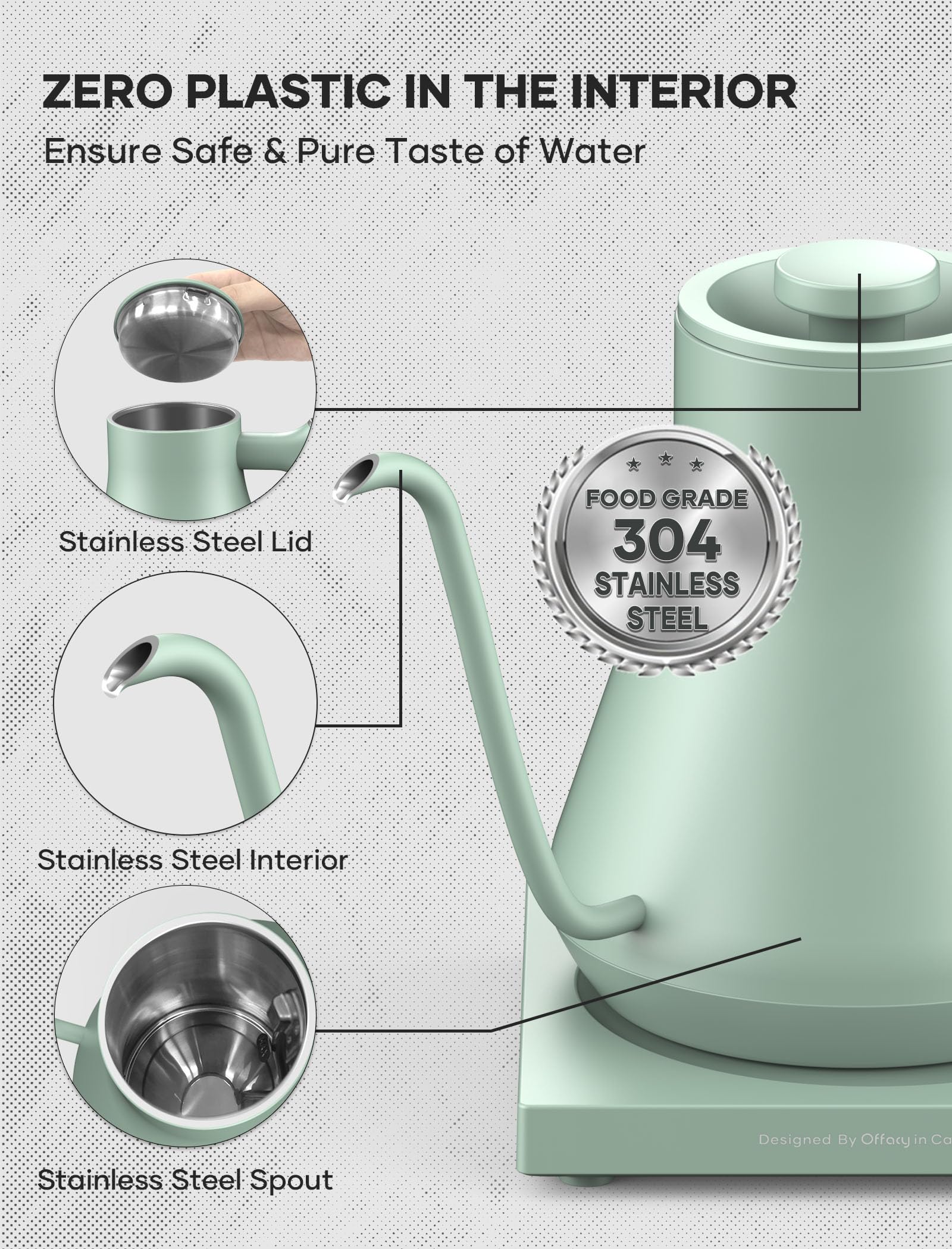 Electric Kettle, Offacy Gooseneck Kettle with 6.8mm Fine V-Shaped Spout, Auto Shut-Off & Boil Dry Protection, BPA Free, 1200 Watt Quick Heating, 0.9L, Light Green