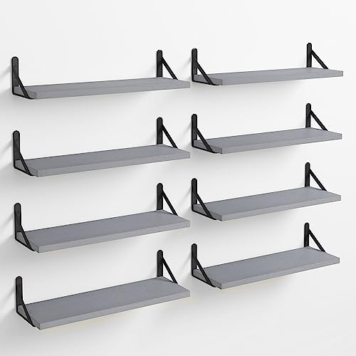 Fixwal Floating Shelves, Corner Shelf, Width 4.7in Rustic Wood Wall Shelves Set of 8, Wall Storage Shelves for Bedroom, Living Room, Kitchen, Bathroom, Office and Plants (Gray)