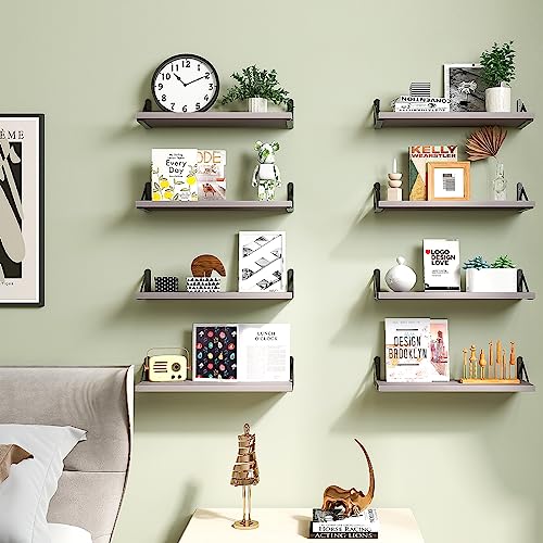 Fixwal Floating Shelves, Corner Shelf, Width 4.7in Rustic Wood Wall Shelves Set of 8, Wall Storage Shelves for Bedroom, Living Room, Kitchen, Bathroom, Office and Plants (Gray)