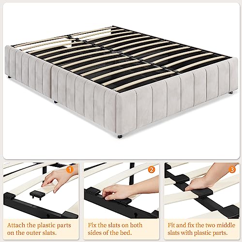 Yaheetech Full Size Bed Frame with 4 Storage Drawers, Upholstered Platform Bed Frame with Strong Wooden Slats/Mattress Foundation/No Fixed Headboard/No Box Spring Needed/Large Storage Space, Beige