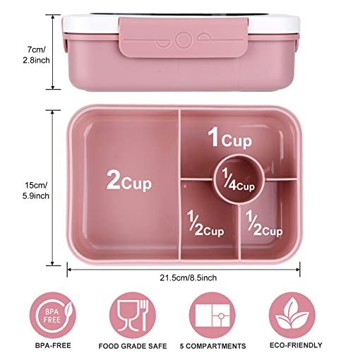 MaMix Bento Lunch Boxes for Kids, Bento Box Adult Lunch Box, 5 Compartment Lunch Box Containers for Kids Adults, Meal Prep Containers Accessories Reusable & Leakproof Pink