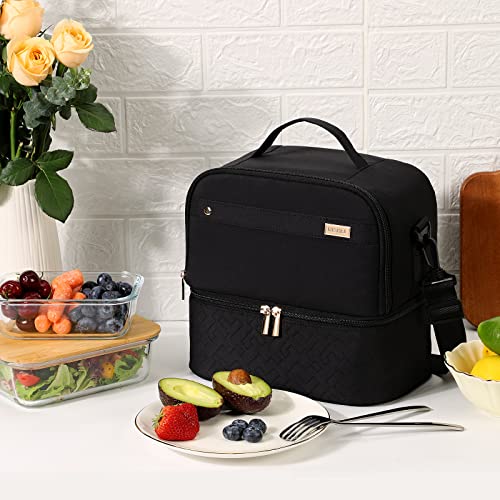 NISHEL Lunch Bag for Women, Insulated Two Separate Compartments Lunch Box with Adjustable Shoulder Strap, Leakproof Lunch Cooler Bag for Work, Black