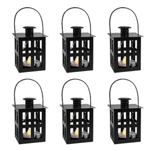 hpc decor 6pcs mini lanterns decorative for wedding centerpieces- bulk metal candle lanterns w/ led tealight & string- modern farmhouse decor for home, party, table, fireplace, shelf decor(black)