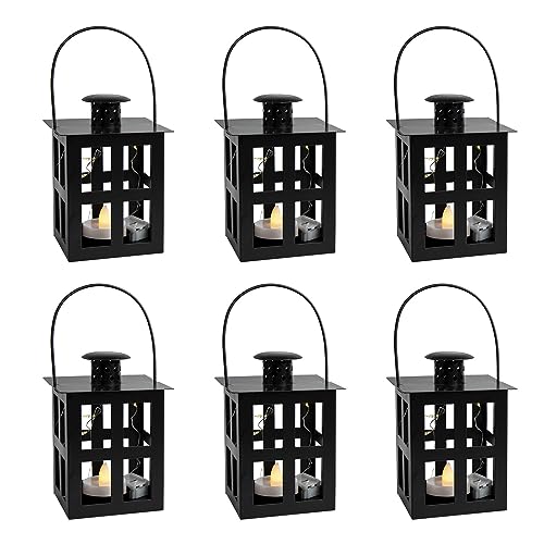 HPC Decor 6PCS Mini Lanterns Decorative for Wedding Centerpieces- Bulk Metal Candle Lanterns w/ LED Tealight & String- Modern Farmhouse Decor for Home, Party, Table, Fireplace, Shelf Decor(Black)