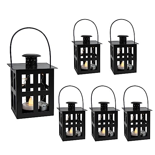 HPC Decor 6PCS Mini Lanterns Decorative for Wedding Centerpieces- Bulk Metal Candle Lanterns w/ LED Tealight & String- Modern Farmhouse Decor for Home, Party, Table, Fireplace, Shelf Decor(Black)