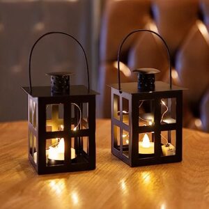 HPC Decor 6PCS Mini Lanterns Decorative for Wedding Centerpieces- Bulk Metal Candle Lanterns w/ LED Tealight & String- Modern Farmhouse Decor for Home, Party, Table, Fireplace, Shelf Decor(Black)