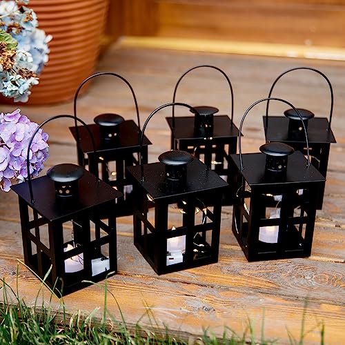 HPC Decor 6PCS Mini Lanterns Decorative for Wedding Centerpieces- Bulk Metal Candle Lanterns w/ LED Tealight & String- Modern Farmhouse Decor for Home, Party, Table, Fireplace, Shelf Decor(Black)