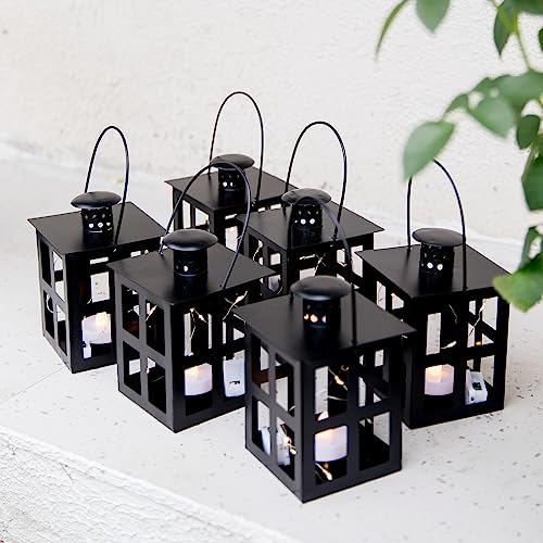 HPC Decor 6PCS Mini Lanterns Decorative for Wedding Centerpieces- Bulk Metal Candle Lanterns w/ LED Tealight & String- Modern Farmhouse Decor for Home, Party, Table, Fireplace, Shelf Decor(Black)