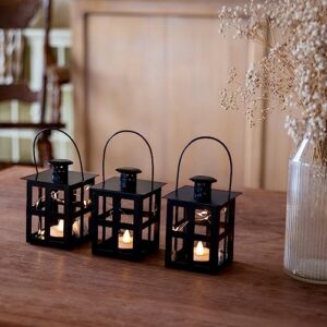 HPC Decor 6PCS Mini Lanterns Decorative for Wedding Centerpieces- Bulk Metal Candle Lanterns w/ LED Tealight & String- Modern Farmhouse Decor for Home, Party, Table, Fireplace, Shelf Decor(Black)