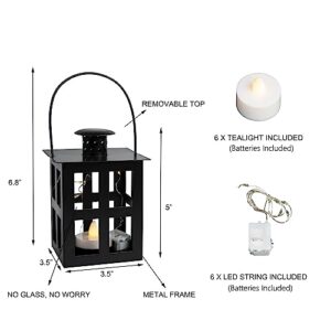 HPC Decor 6PCS Mini Lanterns Decorative for Wedding Centerpieces- Bulk Metal Candle Lanterns w/ LED Tealight & String- Modern Farmhouse Decor for Home, Party, Table, Fireplace, Shelf Decor(Black)