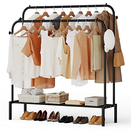 JOISCOPE Double Rods Portable Garment Rack for Hanging clothes, 43.7 * 55.5 Inch Metal Clothing Rack with Bottom Shelves and 4 Hooks,Freestanding Clothes Rack for Bedroom,Space Saving, Black