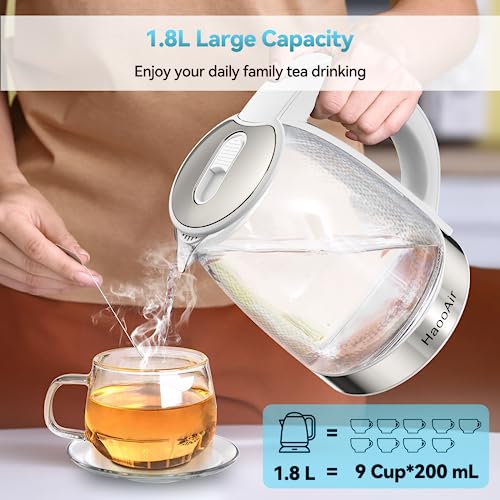 Haooair Electric Kettle, 1.8L Rapid Boil Hot Water Kettle, Wide Opening Glass Tea Kettle, BPA Free Led Indicator Auto Shut-Off & Boil-Dry Protection, White