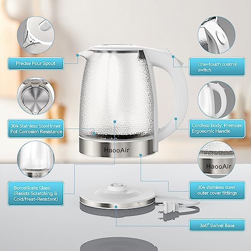 Haooair Electric Kettle, 1.8L Rapid Boil Hot Water Kettle, Wide Opening Glass Tea Kettle, BPA Free Led Indicator Auto Shut-Off & Boil-Dry Protection, White