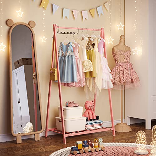 Bestier Pink Clothing Rack, Kids Clothing Rack with Bottom Storage Shelf, Sturdy Steel Dress up Rack for Girls, Kids, Childs, Baby, Toddler (15" D x 25" W x 46" H)