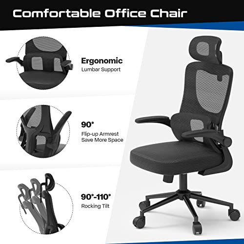 Laziiey Home Office Desk Chair, Ergonomic Office Chair with Flip Up Arms Adjustable Headrest, Mesh Computer Chairs with Lumbar Support for Office Home Work