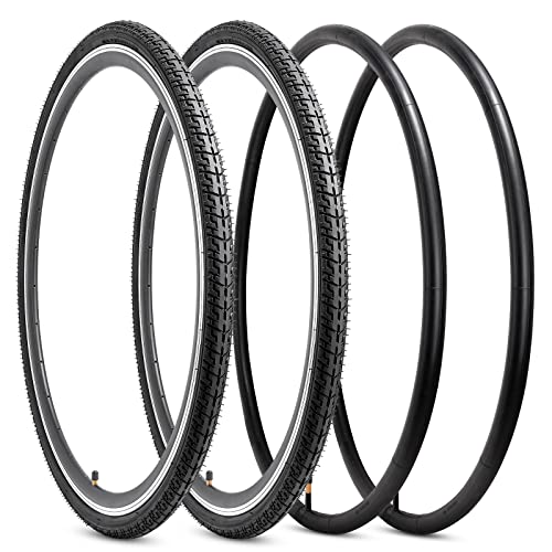 YunSCM 700C Road Bike Tires 700 x 35C 37-622 ETRTO and 700C Bike Tubes 700x35/43C AV48mm Schrader Valve Compatible with 2 Rim Stips for 700x35C Bike Bicycle Tires and Tubes- 2 Pack