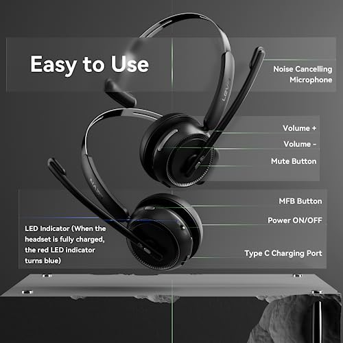 LEVN Wireless Headset with Microphone for PC, Bluetooth Headset with Mic & Mute Button, 65 Hrs Working Time Noise Cancelling Wireless Headset for Work from Home/Computer/Laptop/Call Center/Office