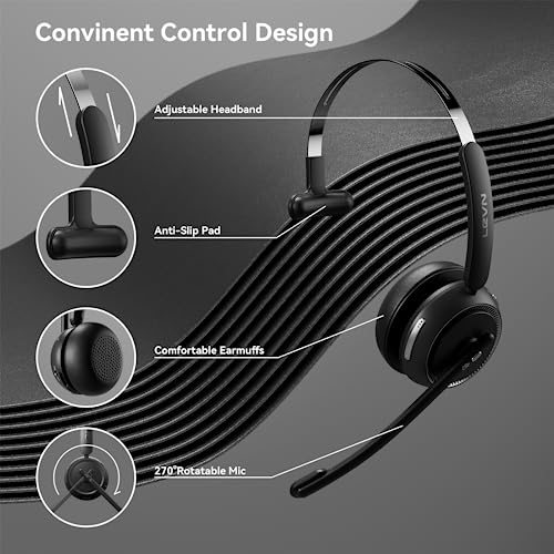 LEVN Wireless Headset with Microphone for PC, Bluetooth Headset with Mic & Mute Button, 65 Hrs Working Time Noise Cancelling Wireless Headset for Work from Home/Computer/Laptop/Call Center/Office