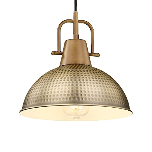 Emliviar 1-Light Farmhouse Modern Pendant Light, 10.2 Inch Hanging Lamp for Dining Room, Hammered Metal Dome Shade in Brass Finish, GE269MIL BG+WD