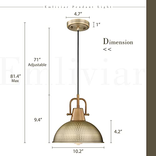 Emliviar 1-Light Farmhouse Modern Pendant Light, 10.2 Inch Hanging Lamp for Dining Room, Hammered Metal Dome Shade in Brass Finish, GE269MIL BG+WD