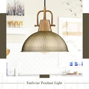 Emliviar 1-Light Farmhouse Modern Pendant Light, 10.2 Inch Hanging Lamp for Dining Room, Hammered Metal Dome Shade in Brass Finish, GE269MIL BG+WD