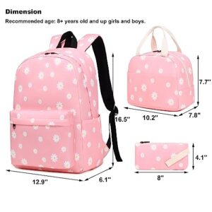 Mimfutu Flowers School Backpack for Teen Girls, 3-in-1 Kids Backpack Bookbag Set School Bags with Lunch Box Pencil Case (Pink)