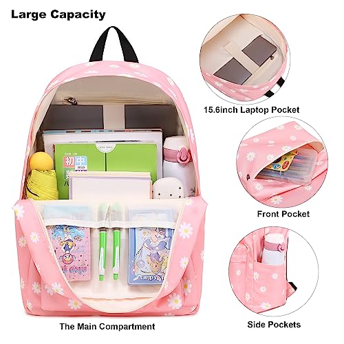 Mimfutu Flowers School Backpack for Teen Girls, 3-in-1 Kids Backpack Bookbag Set School Bags with Lunch Box Pencil Case (Pink)