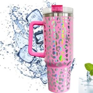 Holographic Leopard Tumbler 40 oz with Handle, Water Bottle, Gifts for Women & Men, Insulated Cup with Lid and Straw, Simple Modern, Water Bottles & Stanley Cups Trending Tumbler Gift 3D Pink