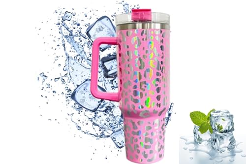 Holographic Leopard Tumbler 40 oz with Handle, Water Bottle, Gifts for Women & Men, Insulated Cup with Lid and Straw, Simple Modern, Water Bottles & Stanley Cups Trending Tumbler Gift 3D Pink