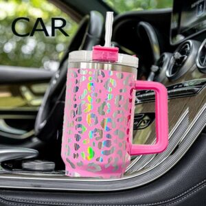 Holographic Leopard Tumbler 40 oz with Handle, Water Bottle, Gifts for Women & Men, Insulated Cup with Lid and Straw, Simple Modern, Water Bottles & Stanley Cups Trending Tumbler Gift 3D Pink