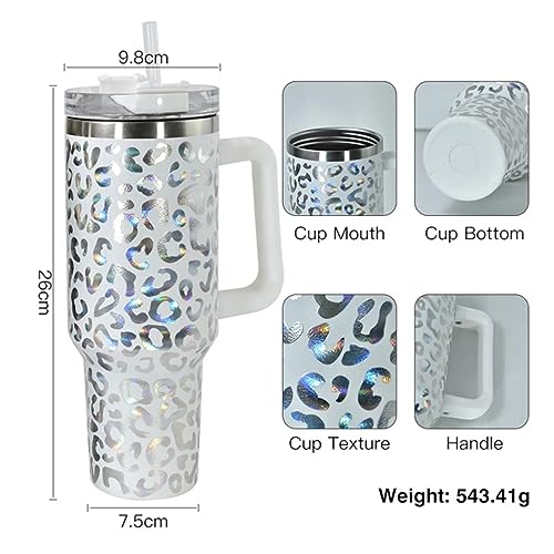 Holographic Leopard Tumbler 40 oz with Handle, Water Bottle, Gifts for Women & Men, Insulated Cup with Lid and Straw, Simple Modern, Water Bottles & Stanley Cups Trending Tumbler Gift 3D Pink