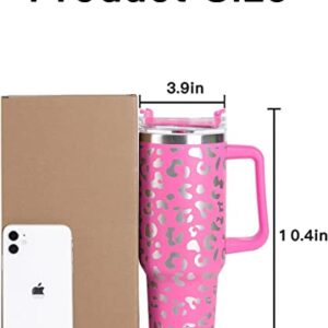 Holographic Leopard Tumbler 40 oz with Handle, Water Bottle, Gifts for Women & Men, Insulated Cup with Lid and Straw, Simple Modern, Water Bottles & Stanley Cups Trending Tumbler Gift 3D Pink