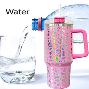 Holographic Leopard Tumbler 40 oz with Handle, Water Bottle, Gifts for Women & Men, Insulated Cup with Lid and Straw, Simple Modern, Water Bottles & Stanley Cups Trending Tumbler Gift 3D Pink