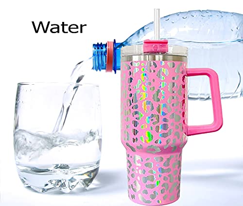 Holographic Leopard Tumbler 40 oz with Handle, Water Bottle, Gifts for Women & Men, Insulated Cup with Lid and Straw, Simple Modern, Water Bottles & Stanley Cups Trending Tumbler Gift 3D Pink