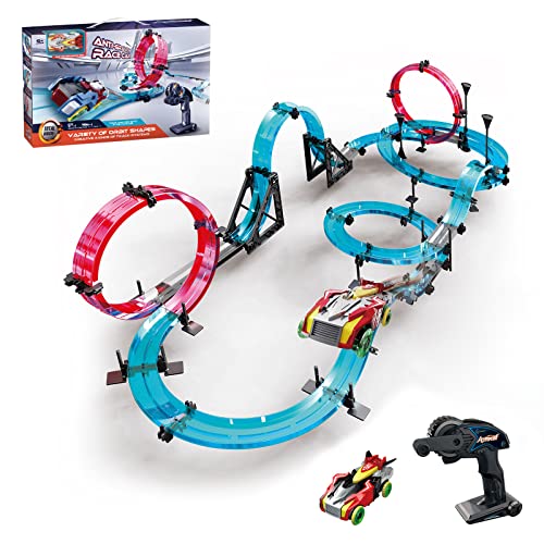 INSGEN Slot Car Race Track Sets for Kids, Hot Wheels Magnetic Attraction Track Builder, Electric Remote Control Track Car Birthday Toys for Boys Kids Age 6 7 8-12