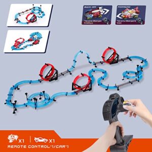 INSGEN Slot Car Race Track Sets for Kids, Hot Wheels Magnetic Attraction Track Builder, Electric Remote Control Track Car Birthday Toys for Boys Kids Age 6 7 8-12